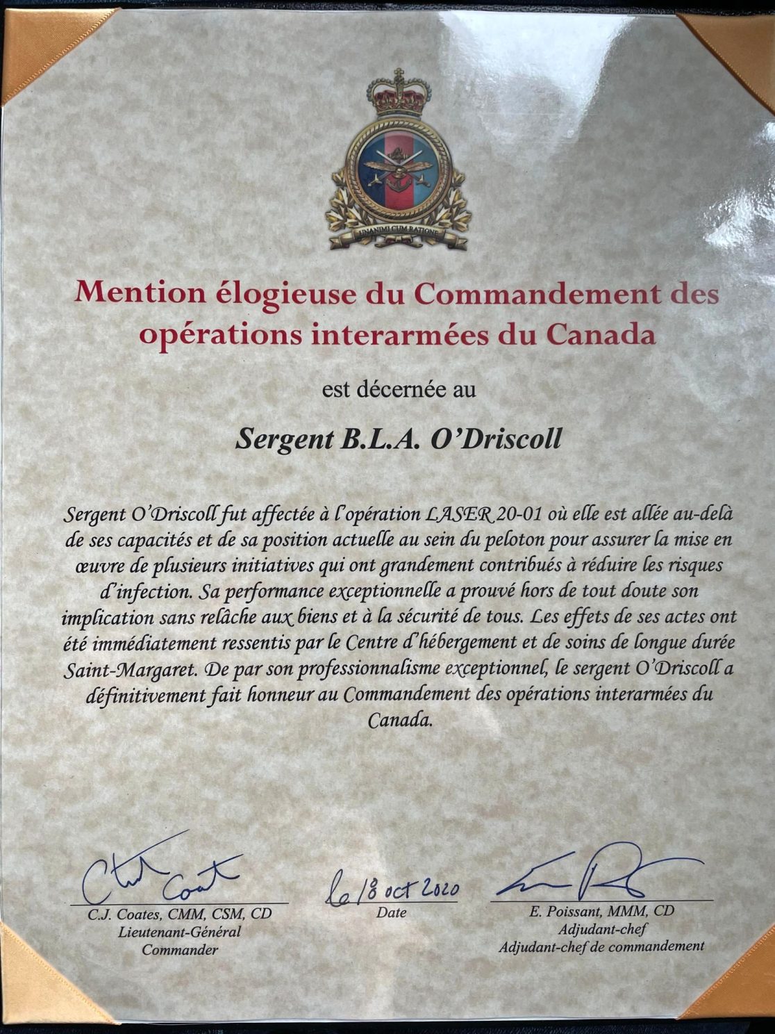 Commendation for Sergeant Brigitte O’Driscoll – Royal Montreal Regiment